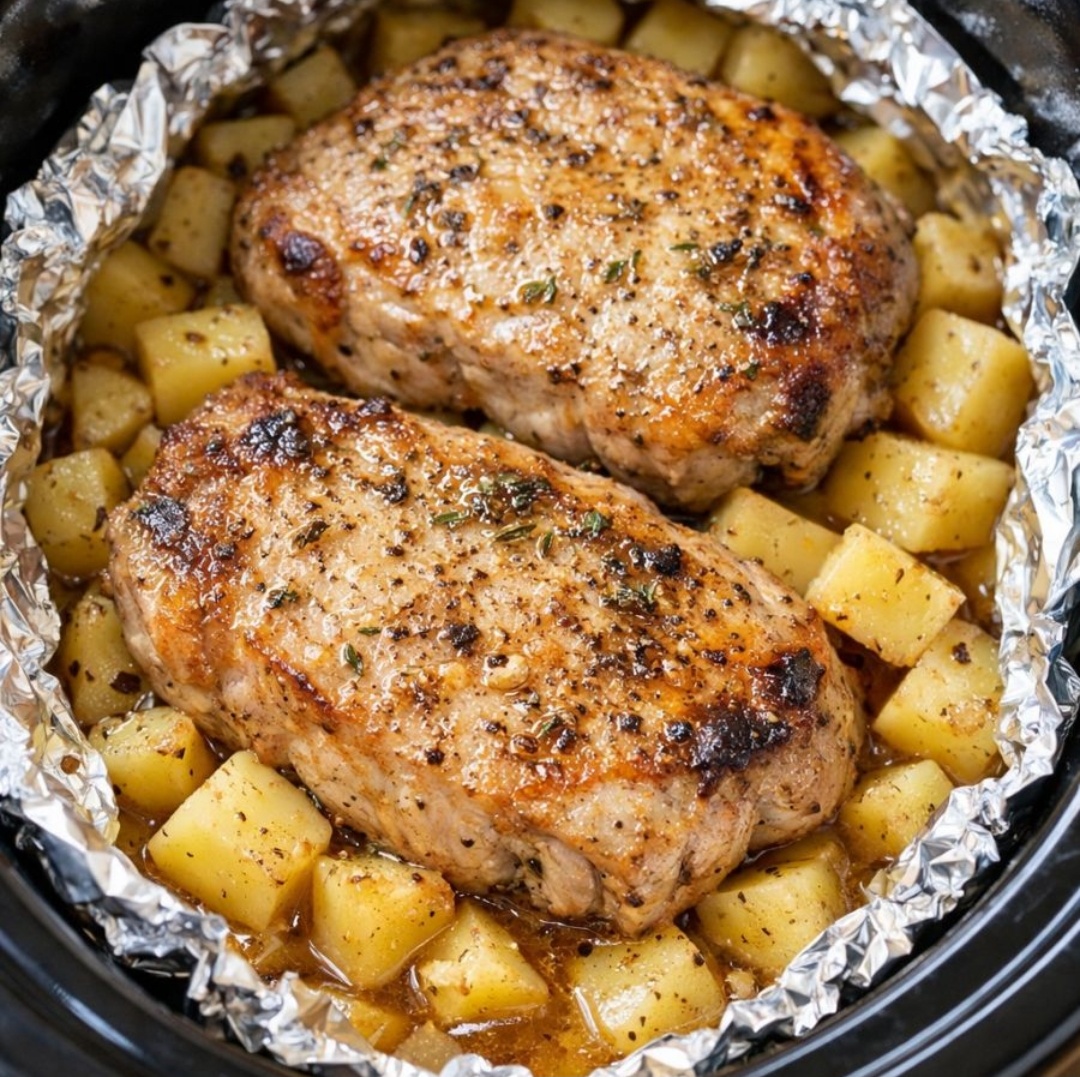 Foil-Packet Pork Chops and Potatoes in the Slow Cooker - Slow Cooker Tip